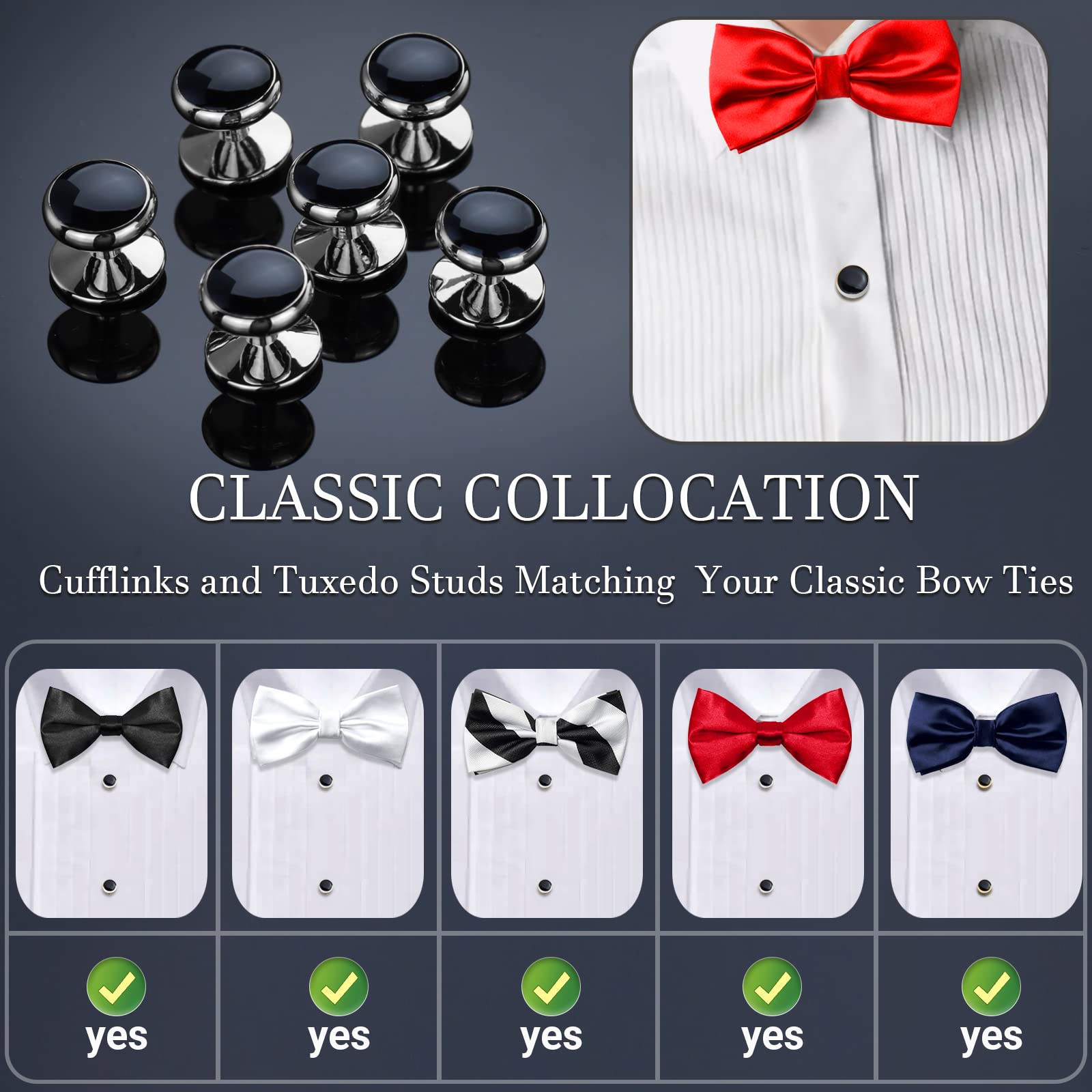 Men’s Cufflinks and Tuxedo Studs Set with Gift Box; Men’s Jewelry or Accessories Suitable for Black Suit White shirts vest and Red Bow tie on Wedding or Anniversary and Birthday