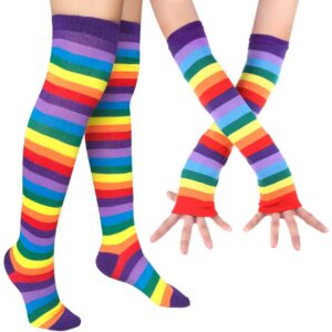 chalier womens rainbow striped knee thigh high socks arm warmer fingerless gloves 2 pairs(rainbow set) one size