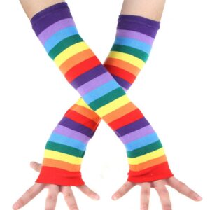 Chalier Womens Rainbow Striped Knee Thigh High Socks Arm Warmer Fingerless Gloves 2 Pairs(rainbow Set) One Size