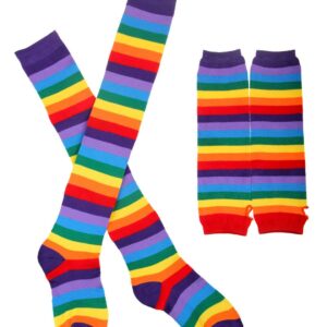 Chalier Womens Rainbow Striped Knee Thigh High Socks Arm Warmer Fingerless Gloves 2 Pairs(rainbow Set) One Size