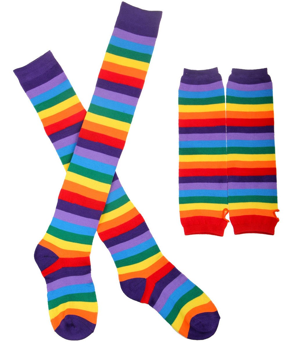 Chalier Womens Rainbow Striped Knee Thigh High Socks Arm Warmer Fingerless Gloves 2 Pairs(rainbow Set) One Size