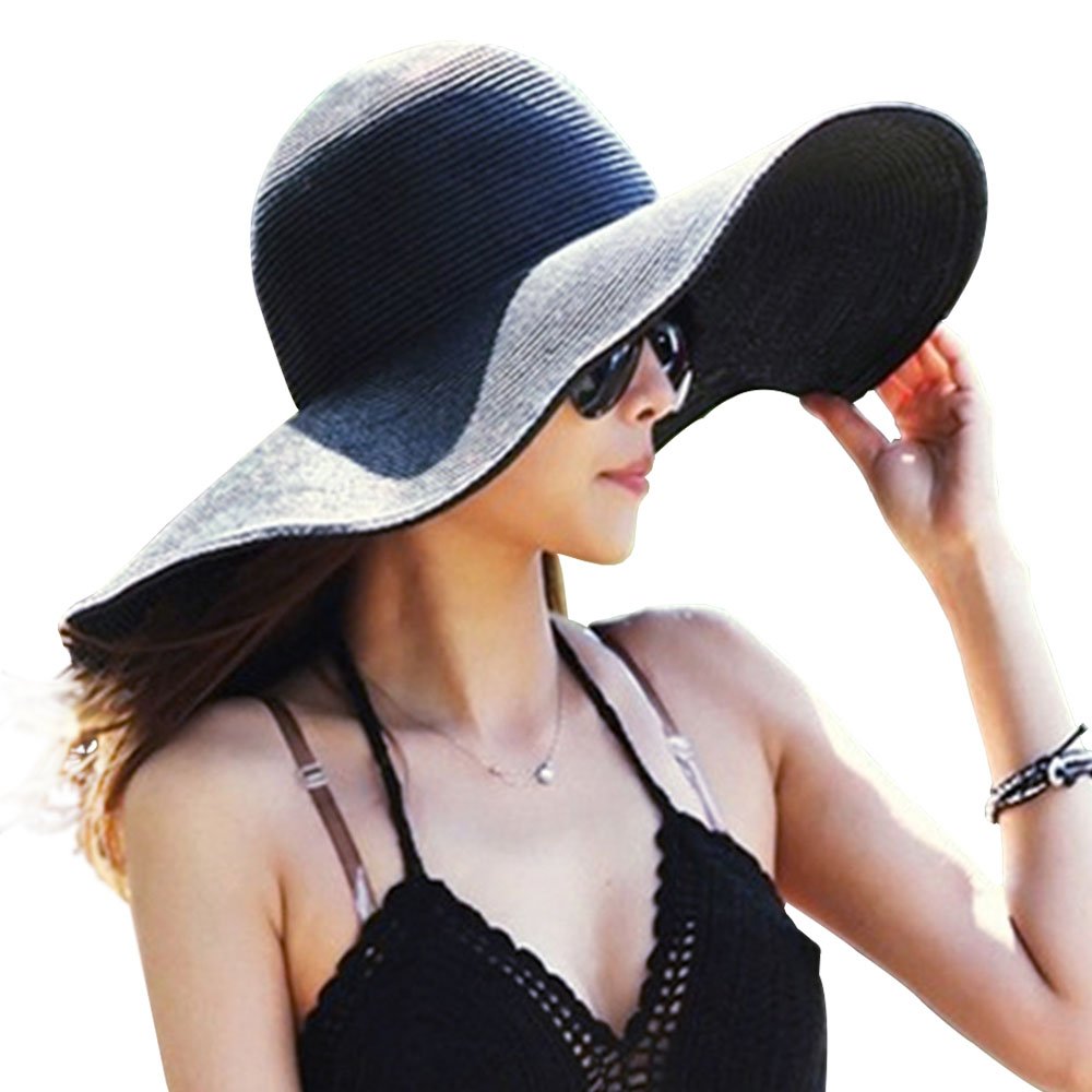 DRESHOW Beach Hats for Women Big Straw Wide Brim Summer Hat Floppy Foldable Roll up Cap Sun Hat UPF 50+