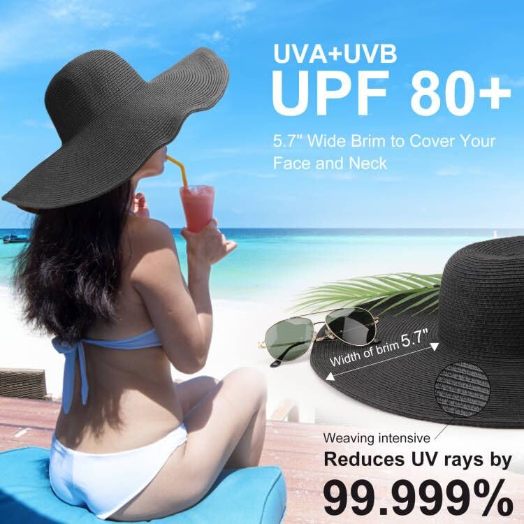 DRESHOW Beach Hats for Women Big Straw Wide Brim Summer Hat Floppy Foldable Roll up Cap Sun Hat UPF 50+