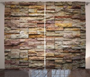 ambesonne marble print curtains, urban brick slate stone wall rocks featured facade architecture town picture, living room bedroom window drapes 2 panel set, 108" x 84", light brown