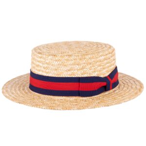 zakira classic straw boater hat handmade from natural straw (navy-red band, m)