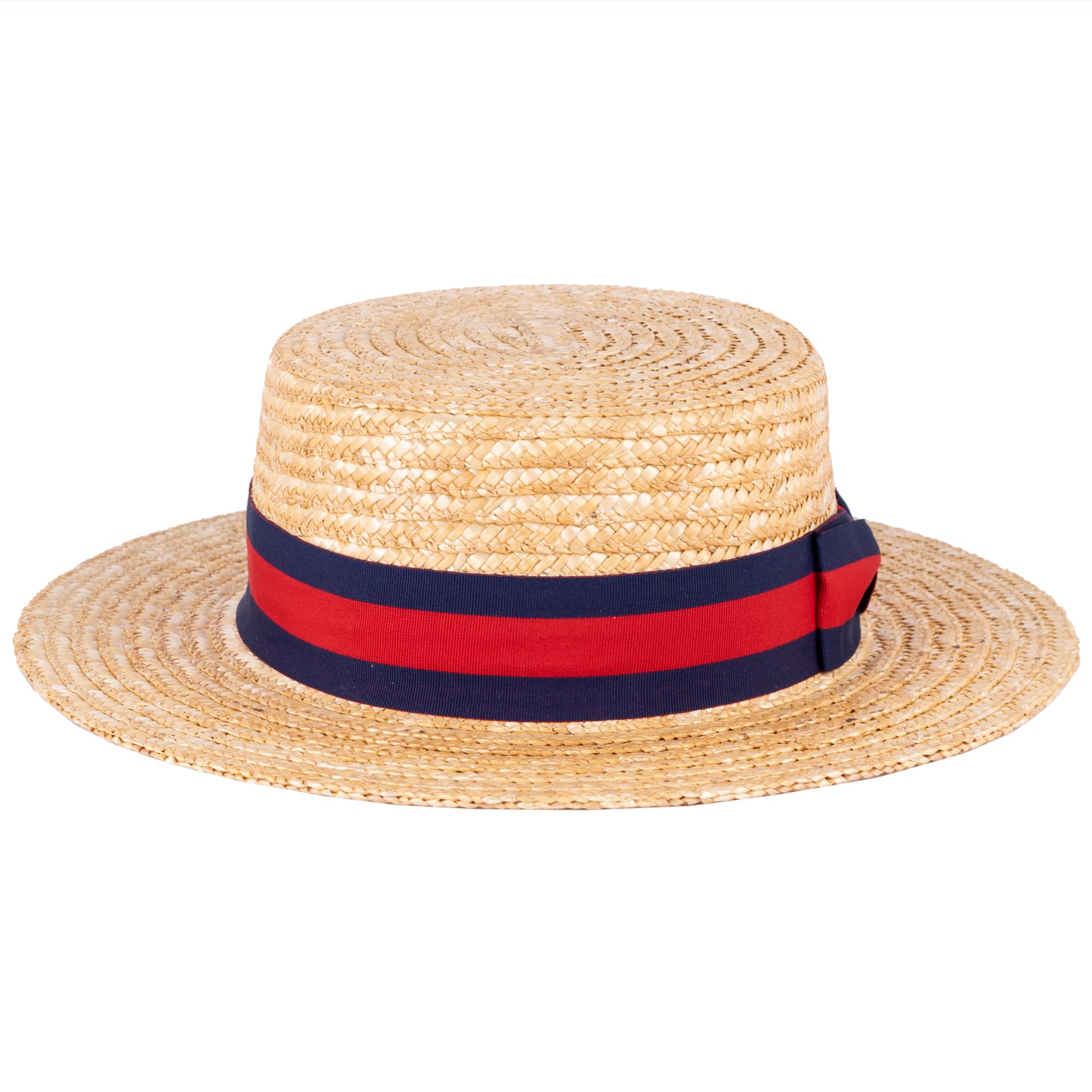 ZAKIRA Classic Straw Boater Hat Handmade from Natural Straw (Navy-Red Band, M)