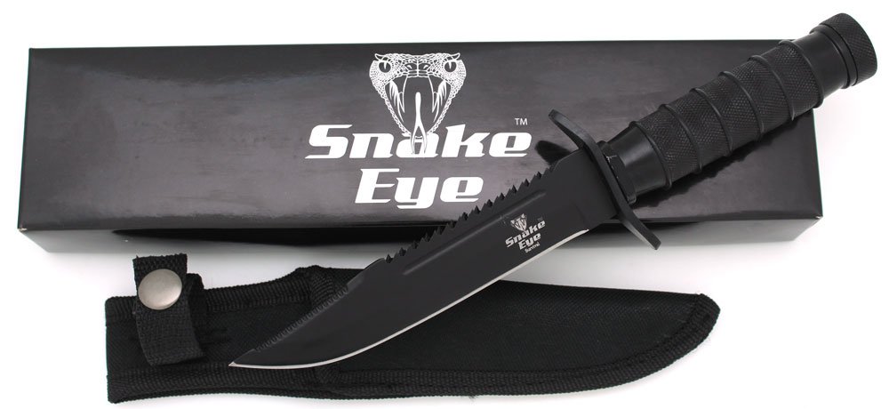 Snake Eye Tactical Fixed Blade Hunting Knife w/Survival Kit & Sheath Camping Fishing Matches Fish hooks Needles Compass (BLACK)