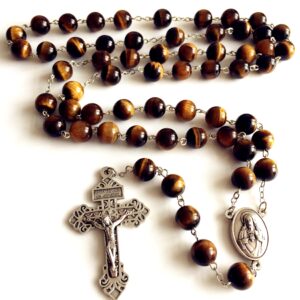 elegantmedical Handmade 10MM Tiger Eye Beads Rosar Cross Catholic Necklace Men's Womens Religion Gift box