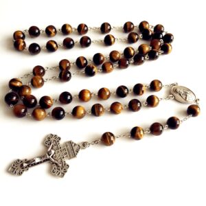 elegantmedical Handmade 10MM Tiger Eye Beads Rosar Cross Catholic Necklace Men's Womens Religion Gift box