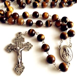 elegantmedical Handmade 10MM Tiger Eye Beads Rosar Cross Catholic Necklace Men's Womens Religion Gift box