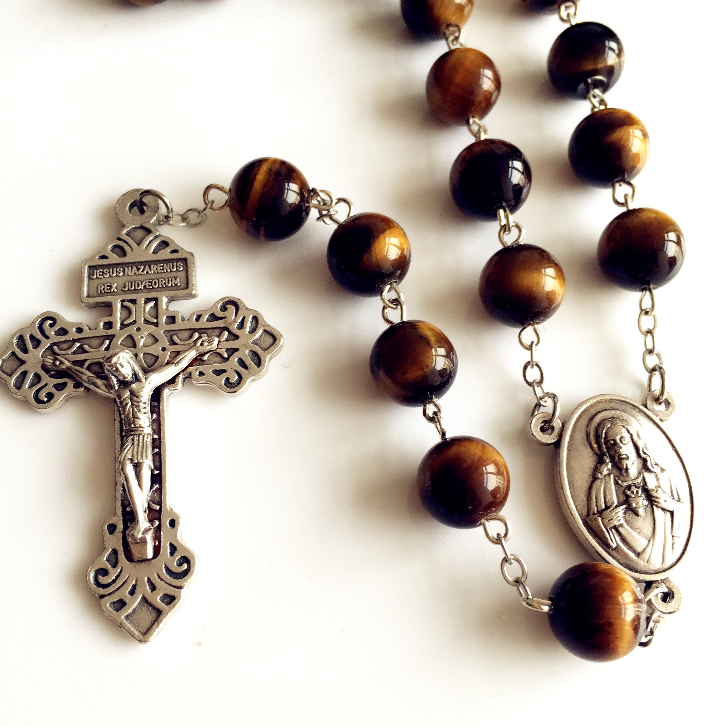 elegantmedical Handmade 10MM Tiger Eye Beads Rosar Cross Catholic Necklace Men's Womens Religion Gift box