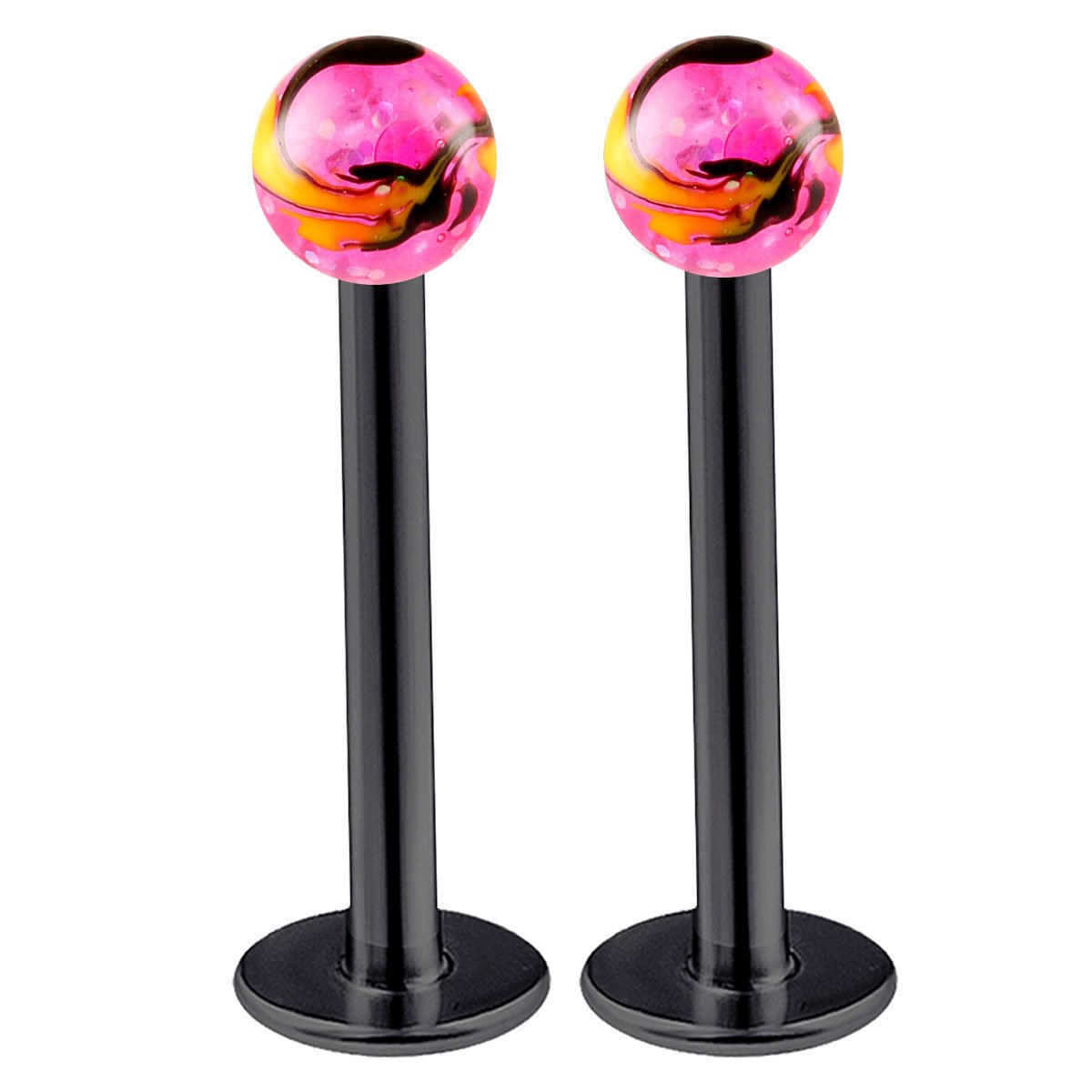 bodyjewellery 2pcs 16g 3/8 Labret Stud Lip Rings Snake Bite Monroe Tragus Forward Helix Conch Black Anodized Hand Painted 02 Ball - 10mm