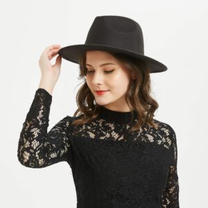 Women or Men Woolen Felt Fedora Hat Vintage Widet Brim Crushable Hat Belt Jazz Black