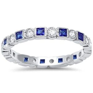 2.5mm bezel set full eternity ring alternating round simulated blue sapphire cubic zirconia 925 sterling silver, size - 7