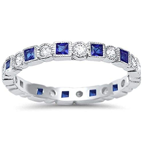 2.5mm Bezel Set Full Eternity Ring Alternating Round Simulated Blue Sapphire Cubic Zirconia 925 Sterling Silver, Size - 8