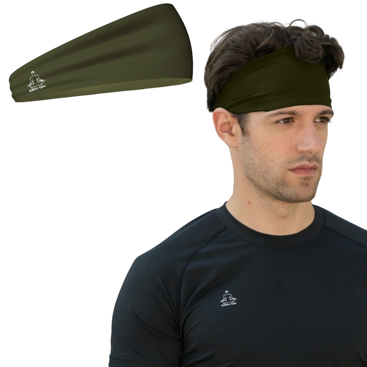 Temple Tape, Headbands for Men and Women - Mens Sweatband & Sports Headband Moisture Wicking Workout Sweatbands for Running, Cross Training, Yoga and Bike Helmet Friendly - OD Green