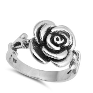 Oxidized Rose Large Wide Flower Ring New .925 Sterling Silver Band Size 10