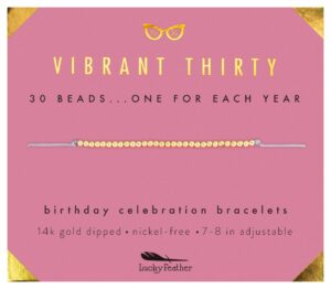 lucky feather 30th birthday gifts for women; 30th birthday bracelet with 30 14k gold dipped beads on adjustable cord; 30 birthday gift ideas for her