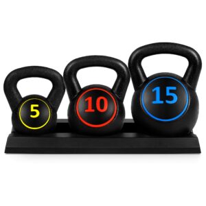 best choice products 3-piece kettlebell set with storage rack, hdpe coated exercise fitness concrete weights for home gym, strength training, hiit workout 5lb, 10lb, 15lb