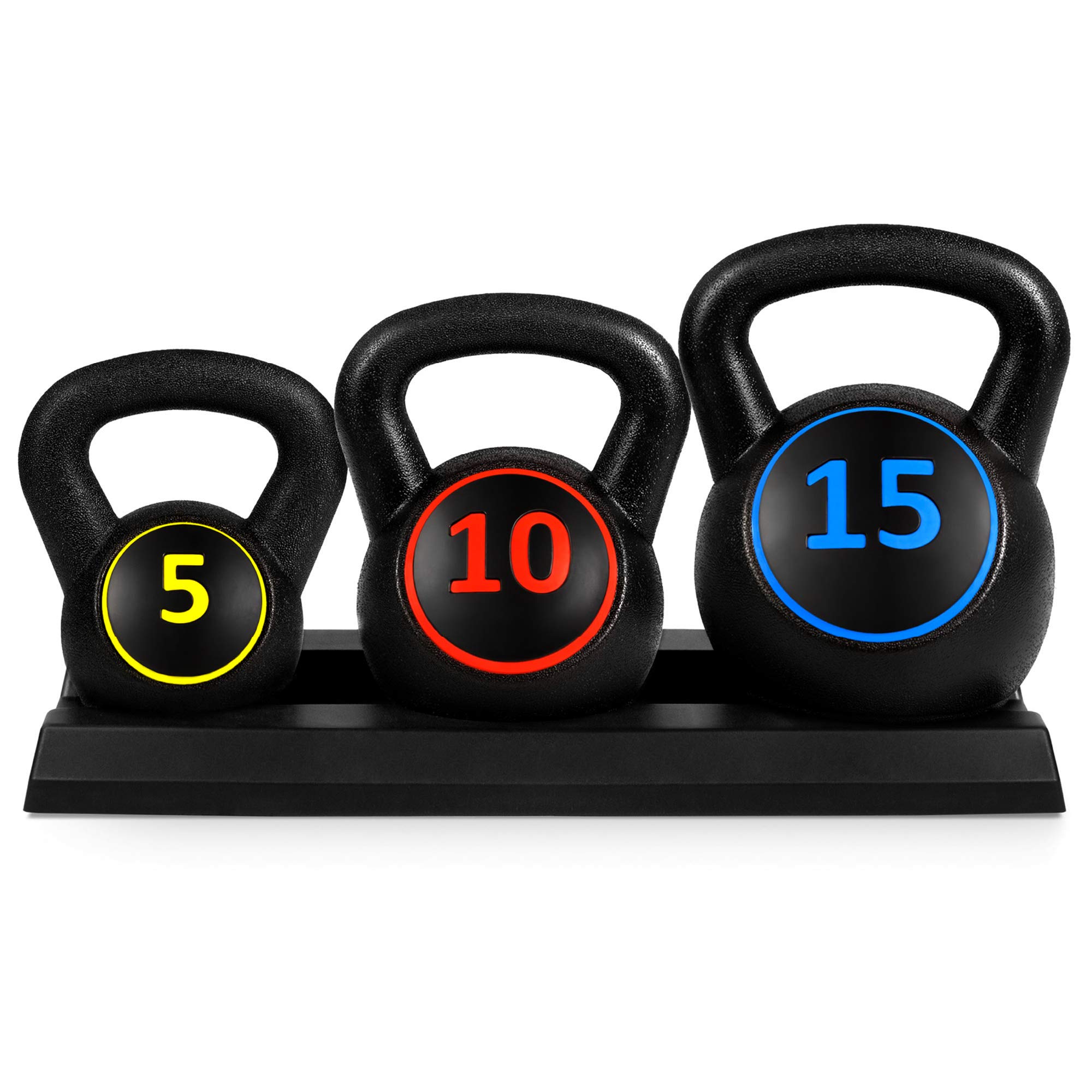 Best Choice Products 3-Piece Kettlebell Set with Storage Rack, HDPE Coated Exercise Fitness Concrete Weights for Home Gym, Strength Training, HIIT Workout 5lb, 10lb, 15lb