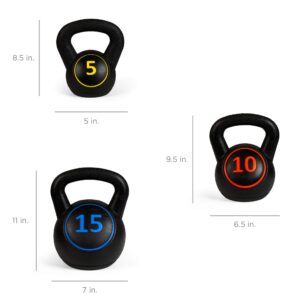 Best Choice Products 3-Piece Kettlebell Set with Storage Rack, HDPE Coated Exercise Fitness Concrete Weights for Home Gym, Strength Training, HIIT Workout 5lb, 10lb, 15lb