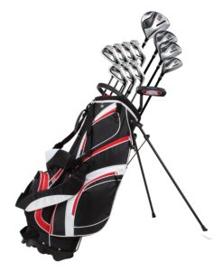 18 piece men's complete golf club package set with titanium driver, #3 & #5 fairway woods, #4 hybrid, 5-sw irons, putter, stand bag, 4 h/c's (red, regular size)