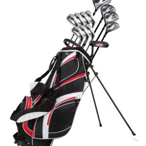 18 Piece Men's Complete Golf Club Package Set With Titanium Driver, #3 & #5 Fairway Woods, #4 Hybrid, 5-SW Irons, Putter, Stand Bag, 4 H/C's (Red, Regular Size)