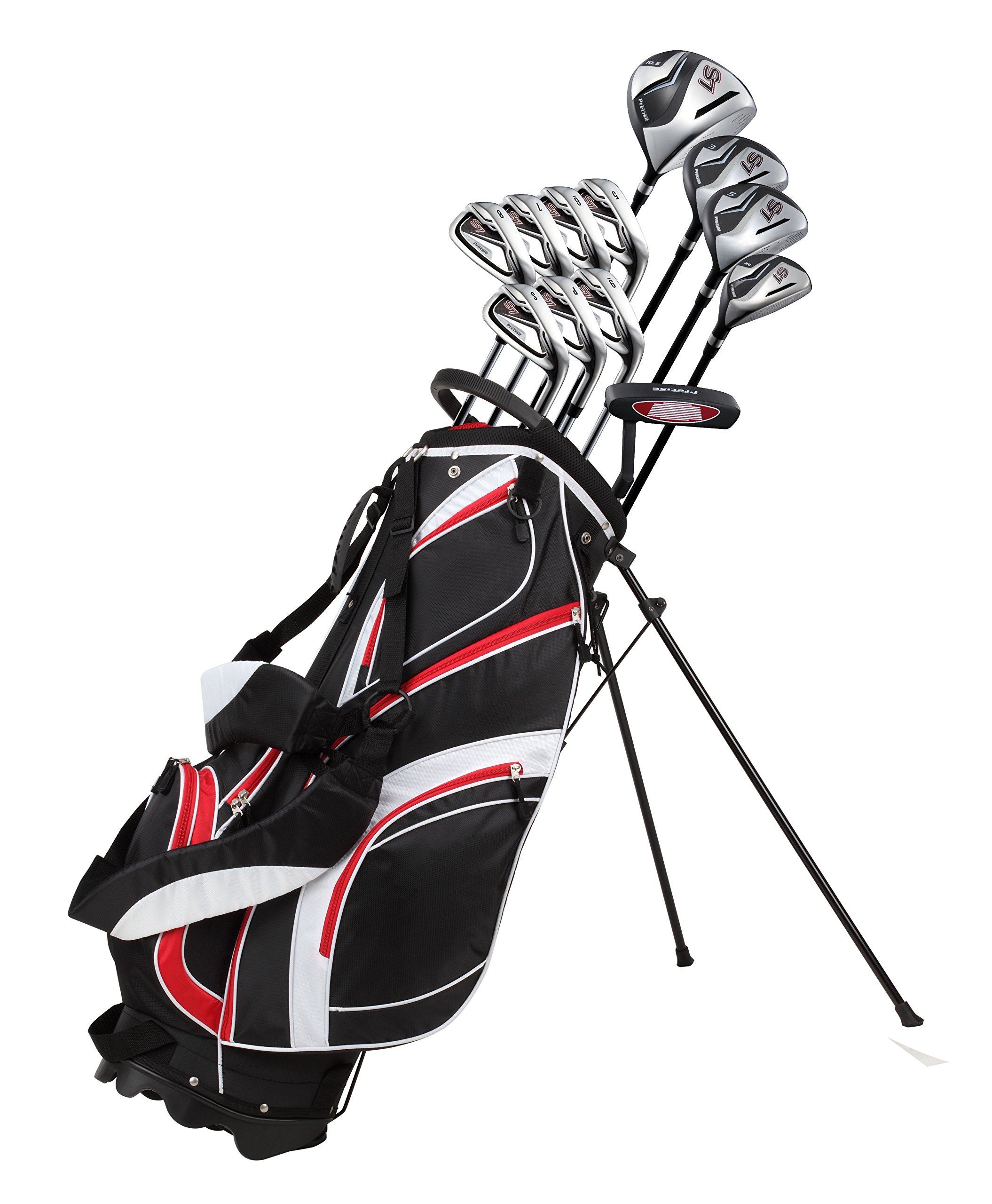 18 Piece Men's Complete Golf Club Package Set With Titanium Driver, #3 & #5 Fairway Woods, #4 Hybrid, 5-SW Irons, Putter, Stand Bag, 4 H/C's (Red, Regular Size)