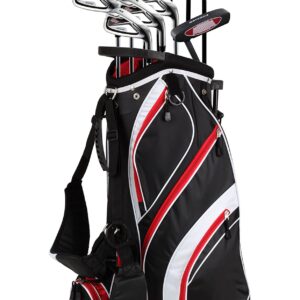 18 Piece Men's Complete Golf Club Package Set With Titanium Driver, #3 & #5 Fairway Woods, #4 Hybrid, 5-SW Irons, Putter, Stand Bag, 4 H/C's (Red, Regular Size)