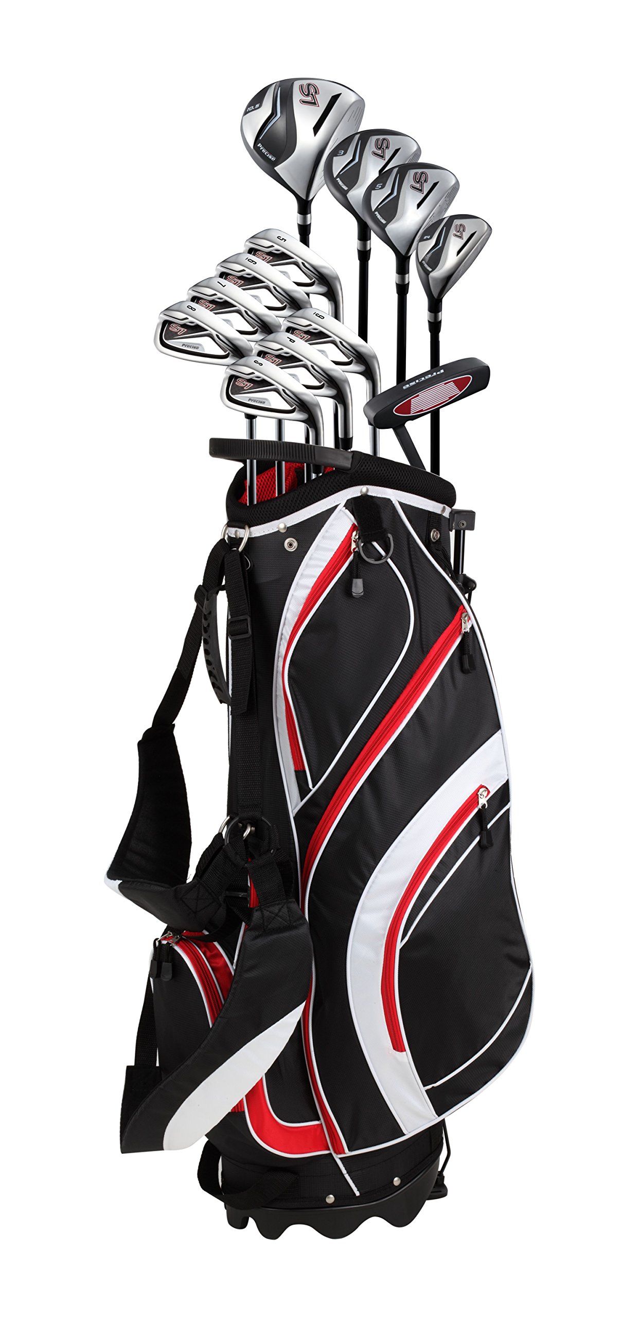 18 Piece Men's Complete Golf Club Package Set With Titanium Driver, #3 & #5 Fairway Woods, #4 Hybrid, 5-SW Irons, Putter, Stand Bag, 4 H/C's (Red, Regular Size)