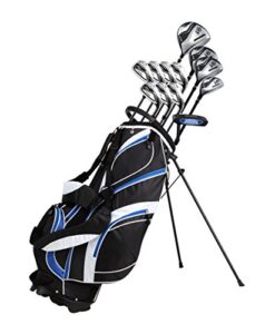 18 piece men's complete golf club package set with titanium driver, #3 & #5 fairway woods, #4 hybrid, 5-sw irons, putter, stand bag, 4 h/c's (blue, regular size)