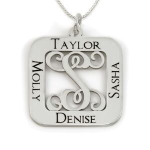 square cut sterling silver script initial and name pendant necklace. personalized center monogram and names. choice of chains. sterling silver, 14k gold plate or rose gold plate over sterling silver