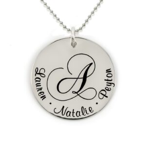 sterling silver script initial and name pendant necklace. customize the monogram in the center and names surrounding it. choice of chains. trendy and unique gifts for her, mom, wife, girlfriend