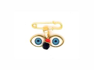 14kt gp eyes of saint lucy, lucky charm, azabache protection pin brooch, gold stainless steel - ojitos de santa lucia azabache para proteccion