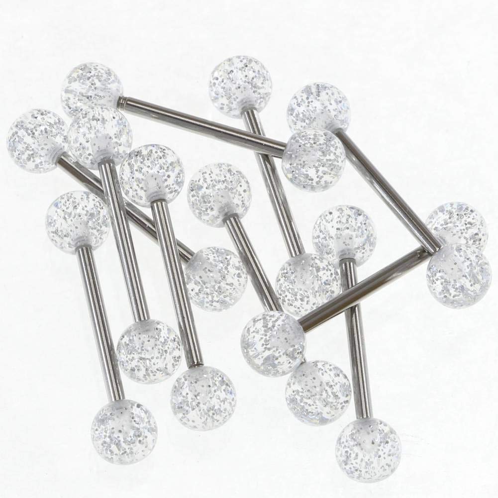 Oasis Plus 4pcs 14G Clear Glitter Surgical Steel Tongue Ring Nipple Barbell 6mm UV Acrylic Ball