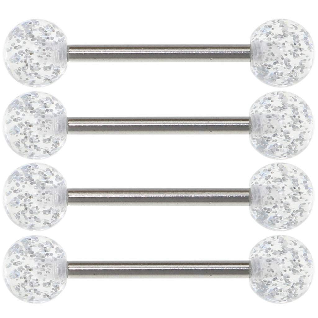 Oasis Plus 4pcs 14G Clear Glitter Surgical Steel Tongue Ring Nipple Barbell 6mm UV Acrylic Ball