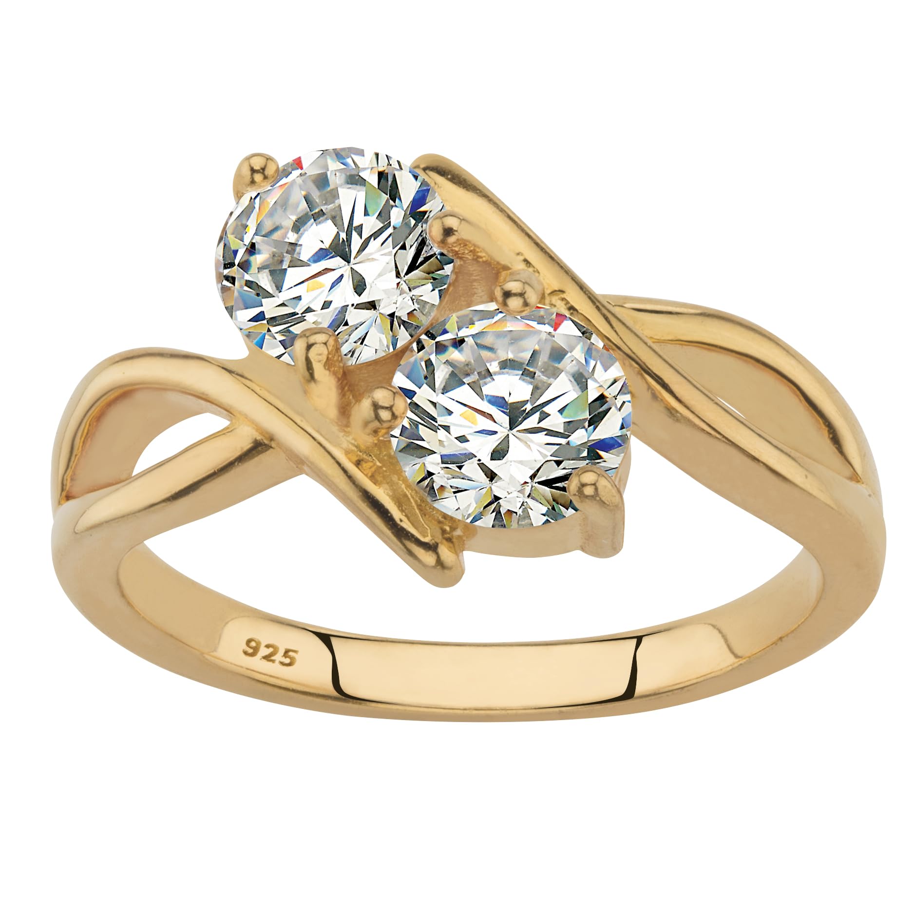 PalmBeach Jewelry Yellow Gold-Plated or Sterling Silver Round Cubic Zirconia 2 Stone Bypass Ring Size 10