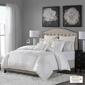 Madison Park Signature Hollywood Glam Cozy Comforter Set - All Season Bedding Combo Filled Insert and Removable Duvet Cover, Shams, Decorative Pillows, Metallic White King(110"x96") 10 Piece