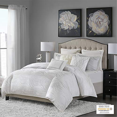 Madison Park Signature Hollywood Glam Cozy Comforter Set - All Season Bedding Combo Filled Insert and Removable Duvet Cover, Shams, Decorative Pillows, Metallic White King(110"x96") 10 Piece