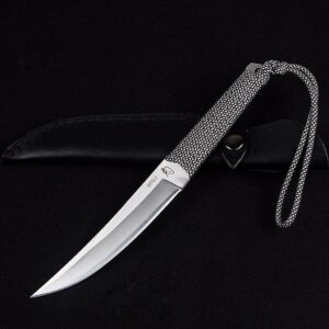 fixed blade hunting knife, straight blade, nylon rope handle cover