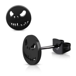 10 MM Black Stainless Steel Jack Skellington Cut-Out Round Circle Button Stud Post Earrings