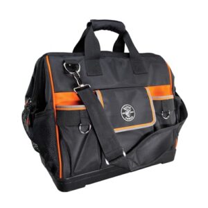 klein tools 55469 tradesman pro wide-open tool bag made of 1680 ballistic weave with molded bottom and detachable shoulder strap