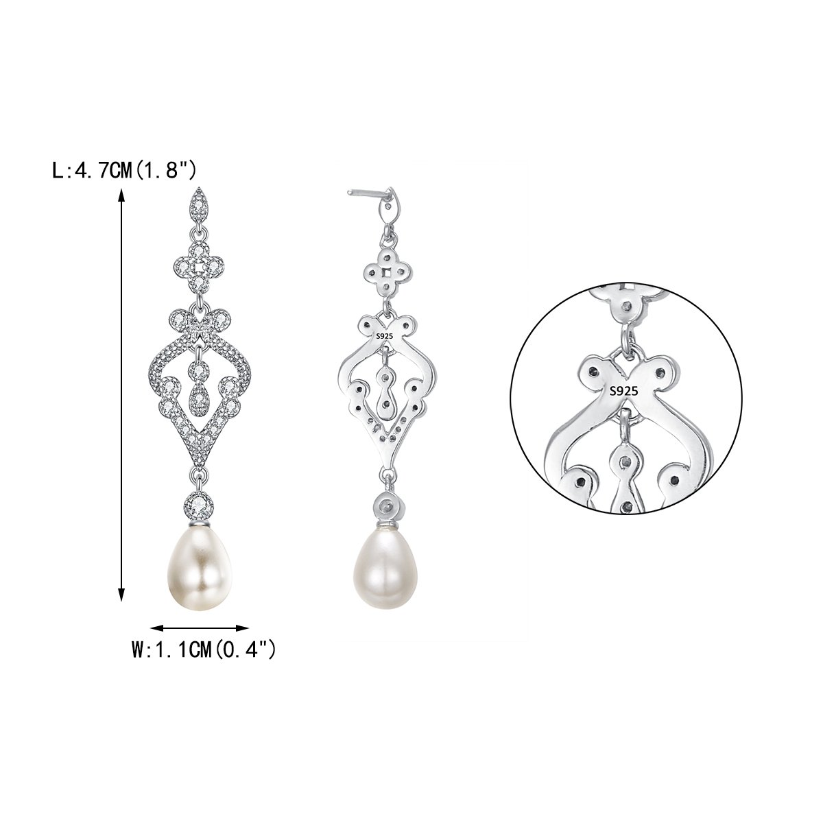 EVER FAITH 925 Sterling Silver CZ Freshwater Cultured Pearl Vintage 1920s Teardrop Chandelier Dangle Wedding Earrings