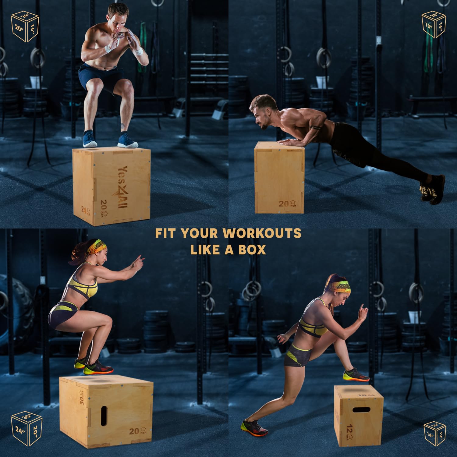 Yes4All 3 in 1 Wooden Plyo Box, Plyometric Box for Home Gym and Outdoor Workouts - 30x24x20", SGQ6