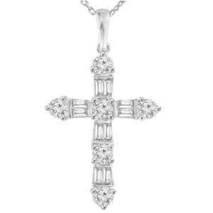 madina jewelry 2.05 ct t.w. ladies round and baguette cut diamond cross pendant necklace (color g clarity vs-2) in 14 kt white gold