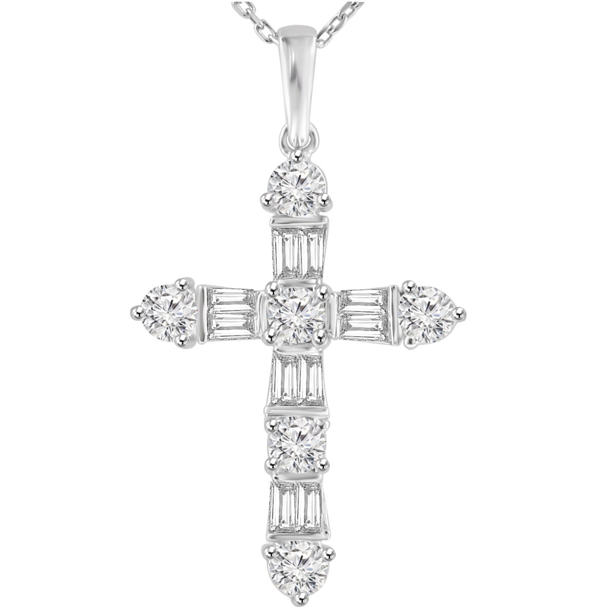 Madina Jewelry 2.05 ct t.w. Ladies Round and Baguette Cut Diamond Cross Pendant Necklace (Color G Clarity VS-2) in 14 Kt White Gold