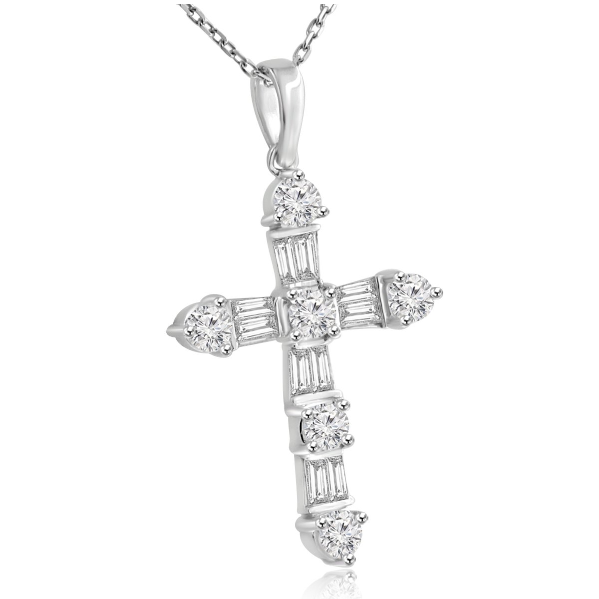 Madina Jewelry 2.05 ct t.w. Ladies Round and Baguette Cut Diamond Cross Pendant Necklace (Color G Clarity VS-2) in 14 Kt White Gold