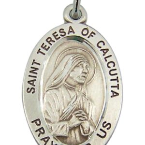 Sterling Silver Oval Saint Mother Teresa of Calcutta Pray for Us Medal Pendant, 7/8 Inch