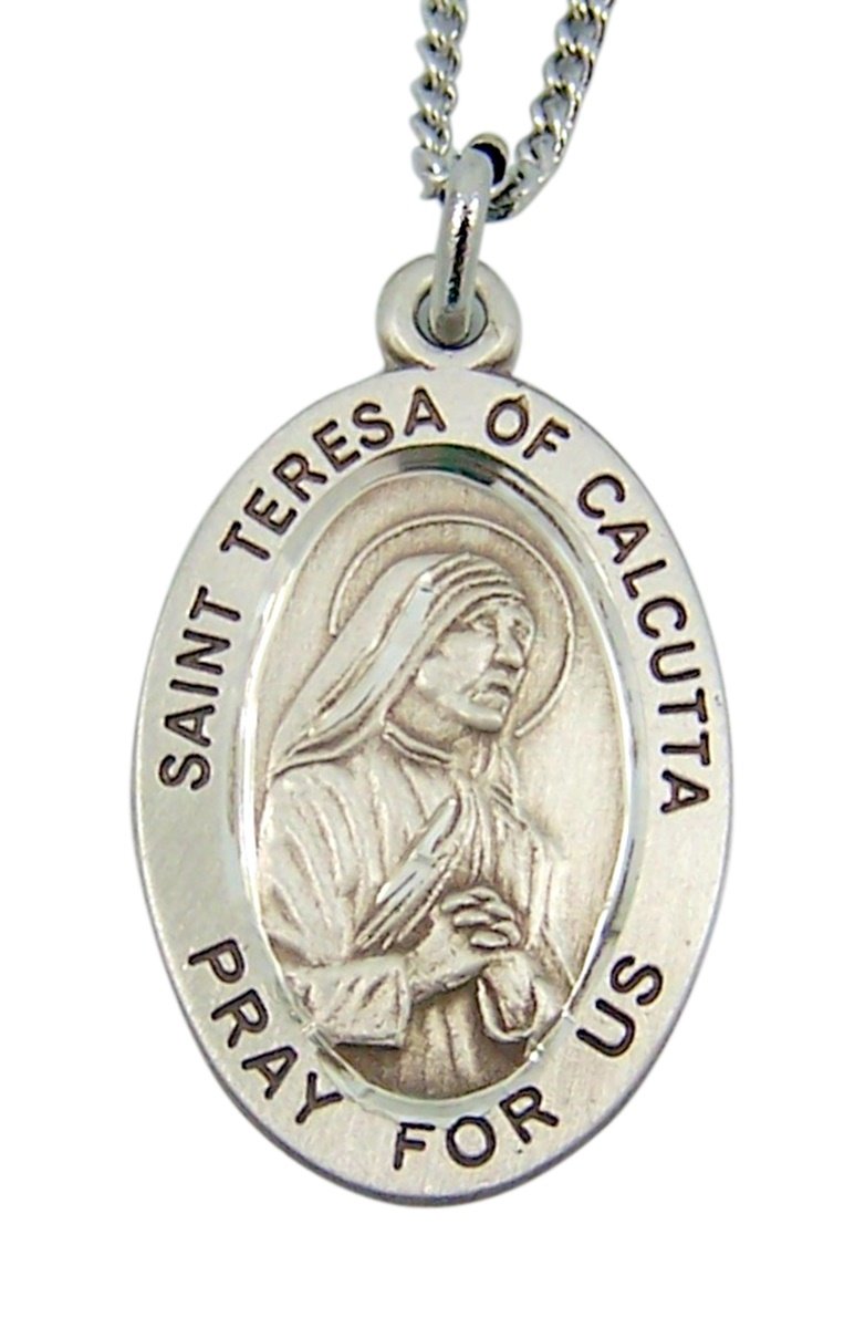 Sterling Silver Oval Saint Mother Teresa of Calcutta Pray for Us Medal Pendant, 7/8 Inch