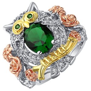 ginger lyne collection - hoot owl ring for women green cubic zirconia - three-tone plating in rose gold, gold, platinum over copper - clear accent stones